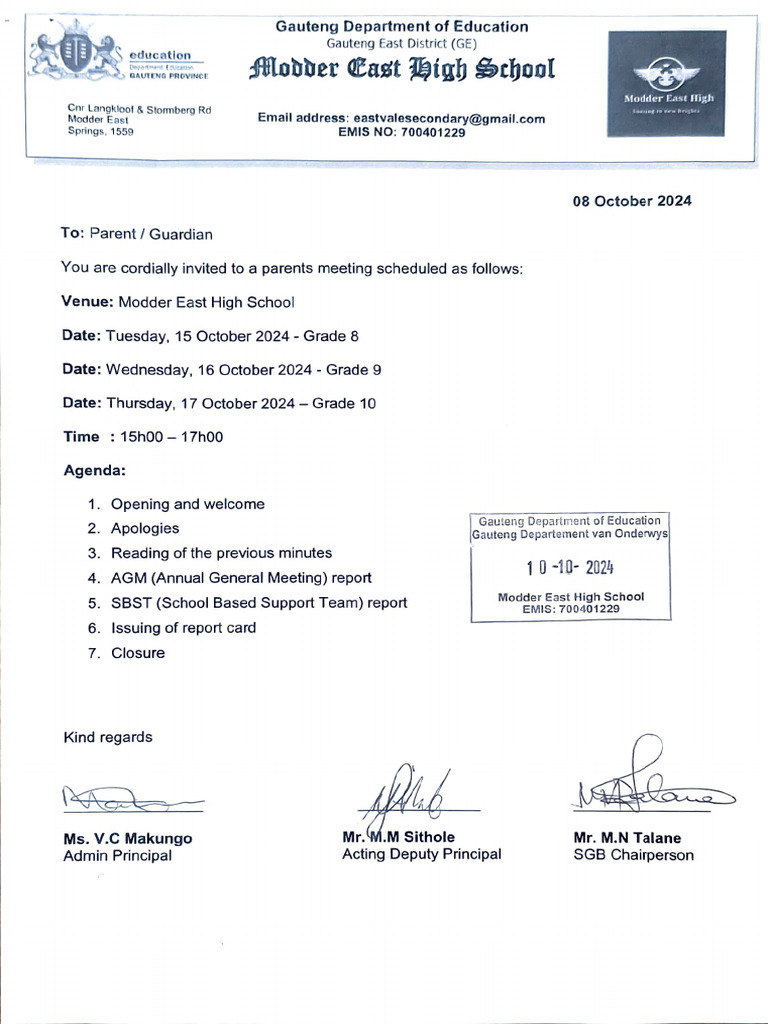 Modder East High School Parents Meeting | PDF