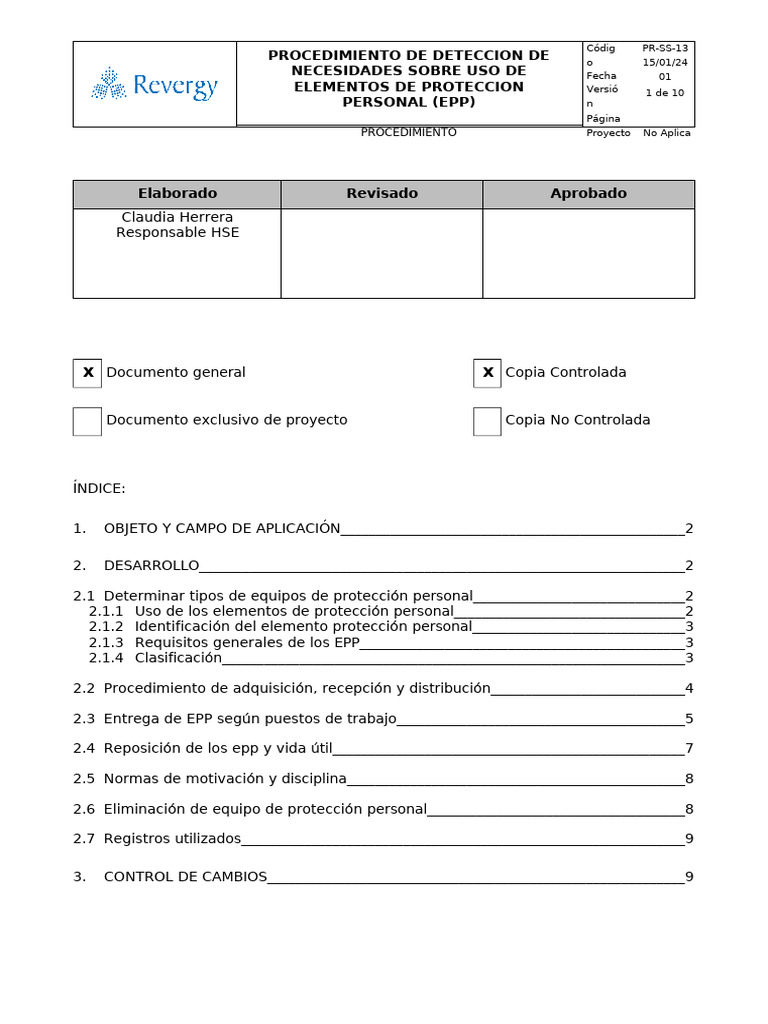 PR-SS-13 Procedimiento de Deteccion de Necesitades de Uso de EPP | PDF | Guante | Seguridad y ...
