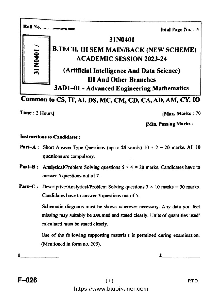 Btech Cs It 3 Sem Advanced Engineering Mathematics 31n0401 2024 | PDF