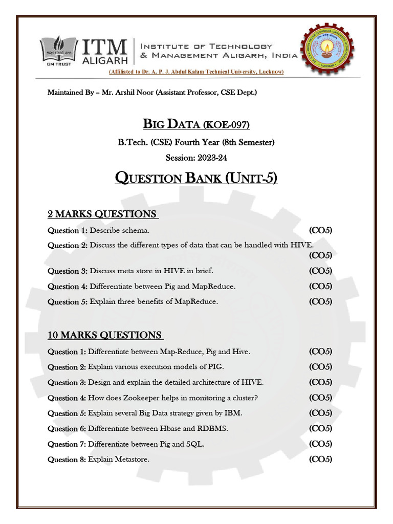 Big Data Question Bank for CSE Students | PDF