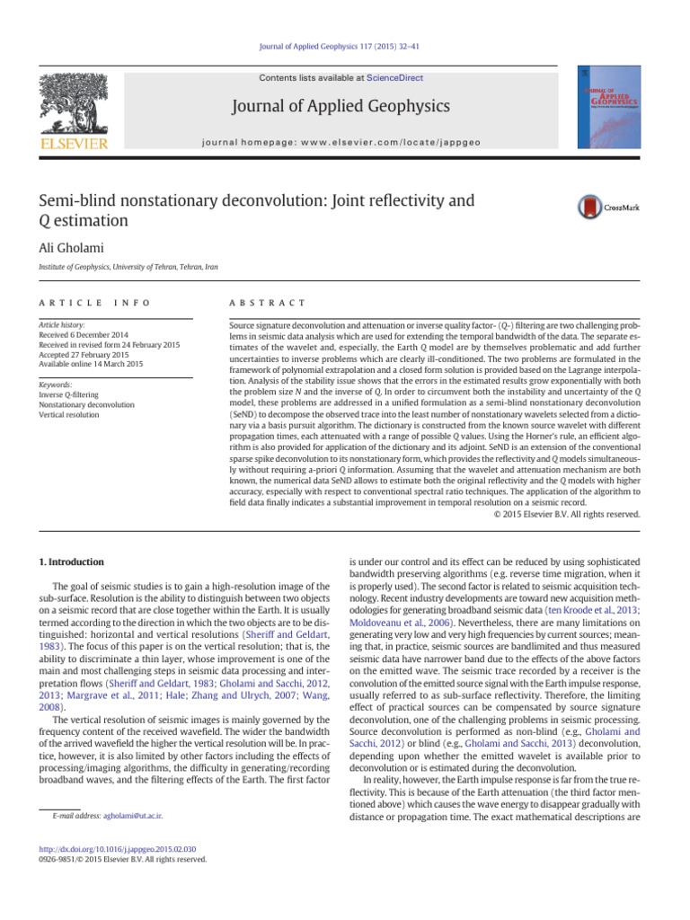 2015 - Semi-Blind Nonstationary Deconvolution - Joint Reflectivity and Q Estimation | PDF ...