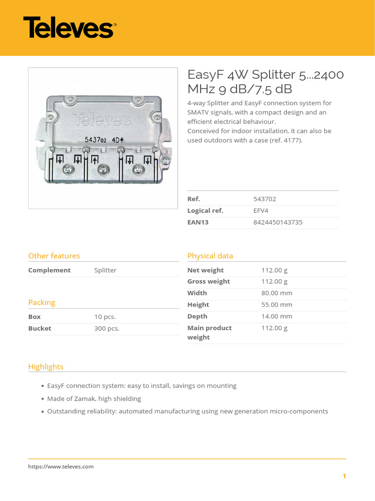 EasyF 4-Way Splitter for SMATV Signals | PDF | Coaxial Cable ...