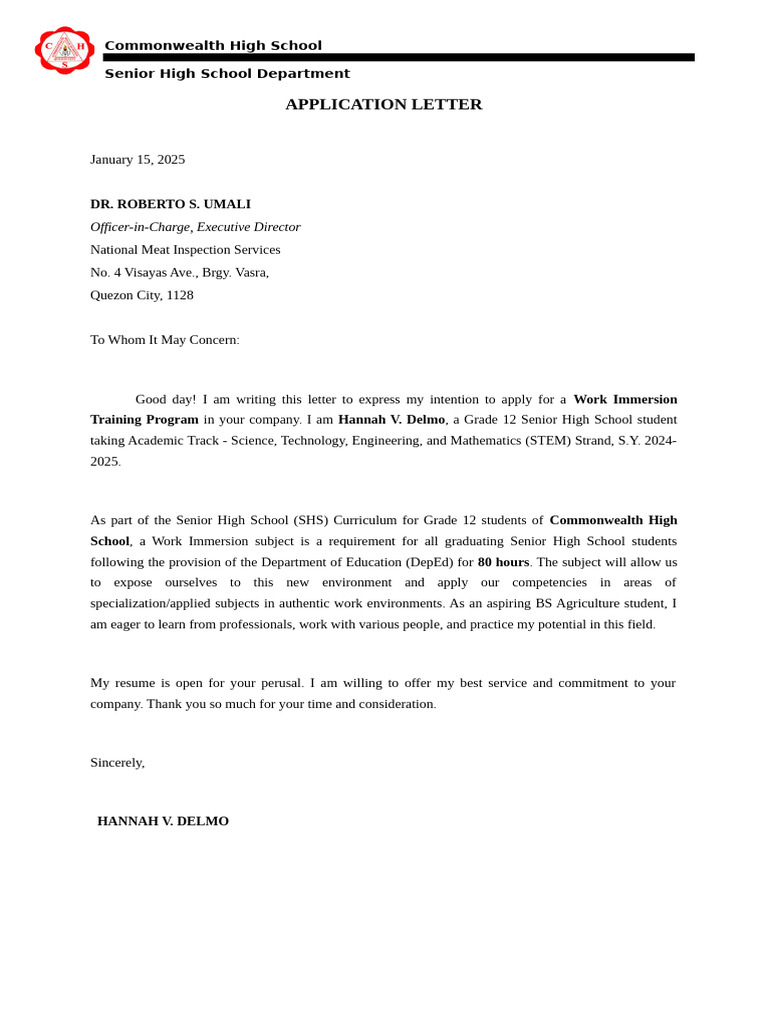 STEM Student Work Immersion Application | PDF