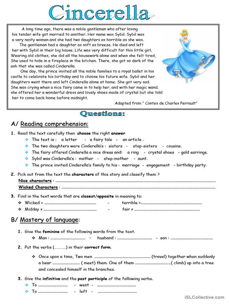 Cinderella - Reading Comprehension + Exercises | PDF | Cinderella | Fairies
