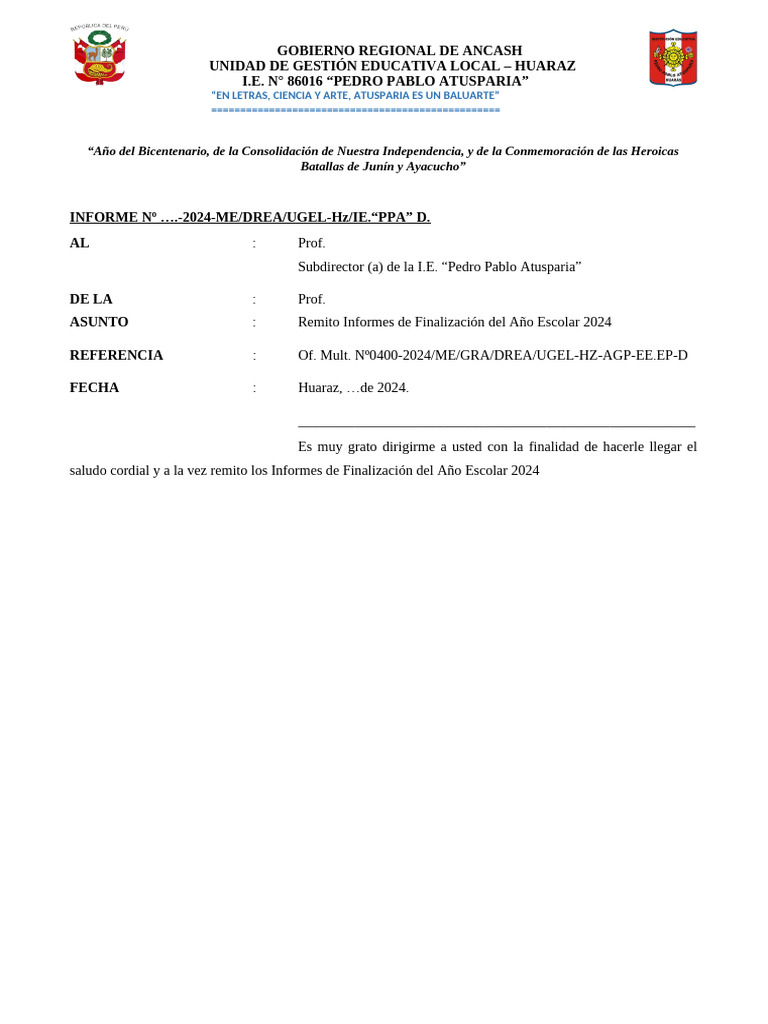 Informe Final Año Escolar 2024 Atusparia | PDF | Maestros