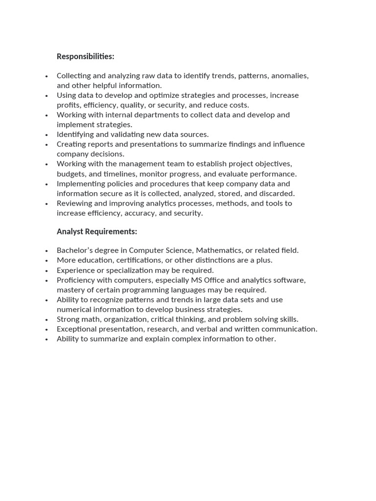Data Analyst Responsibilities and Skills | PDF