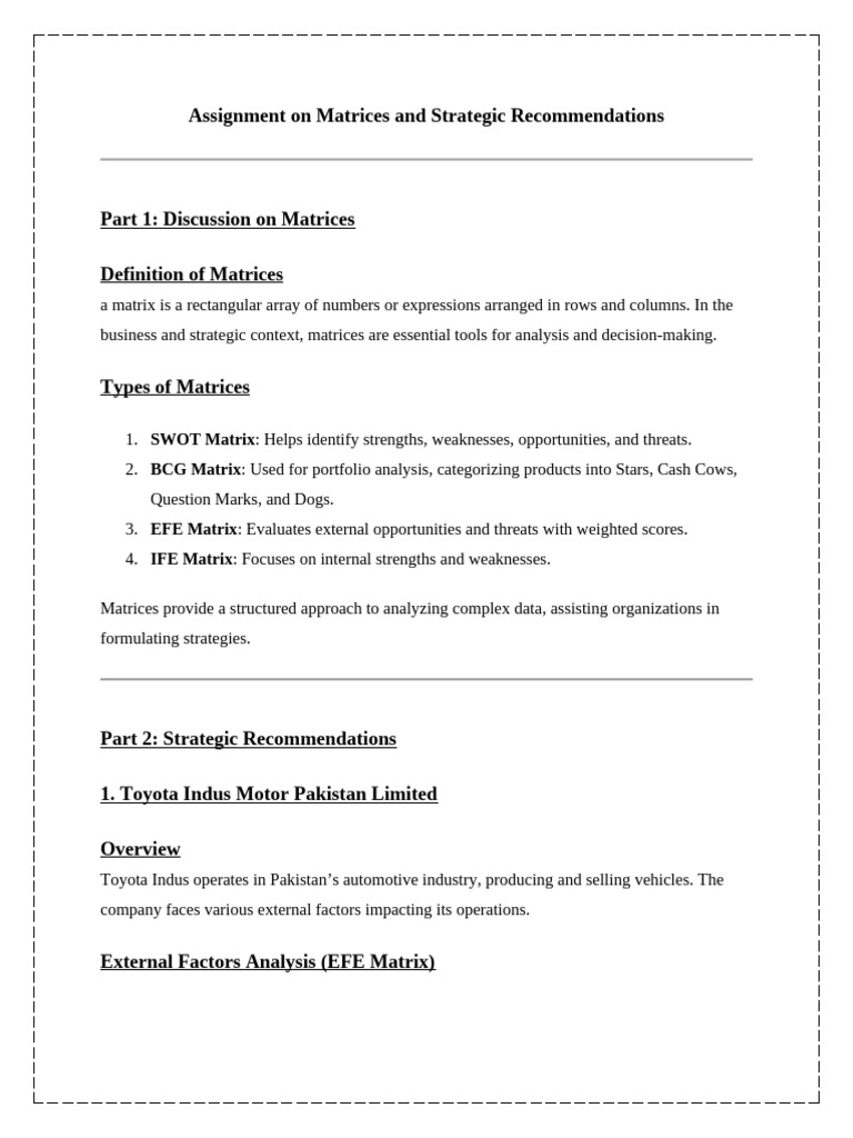 Assignment On Matrices and Strategic Recommendations | PDF | Matrix ...