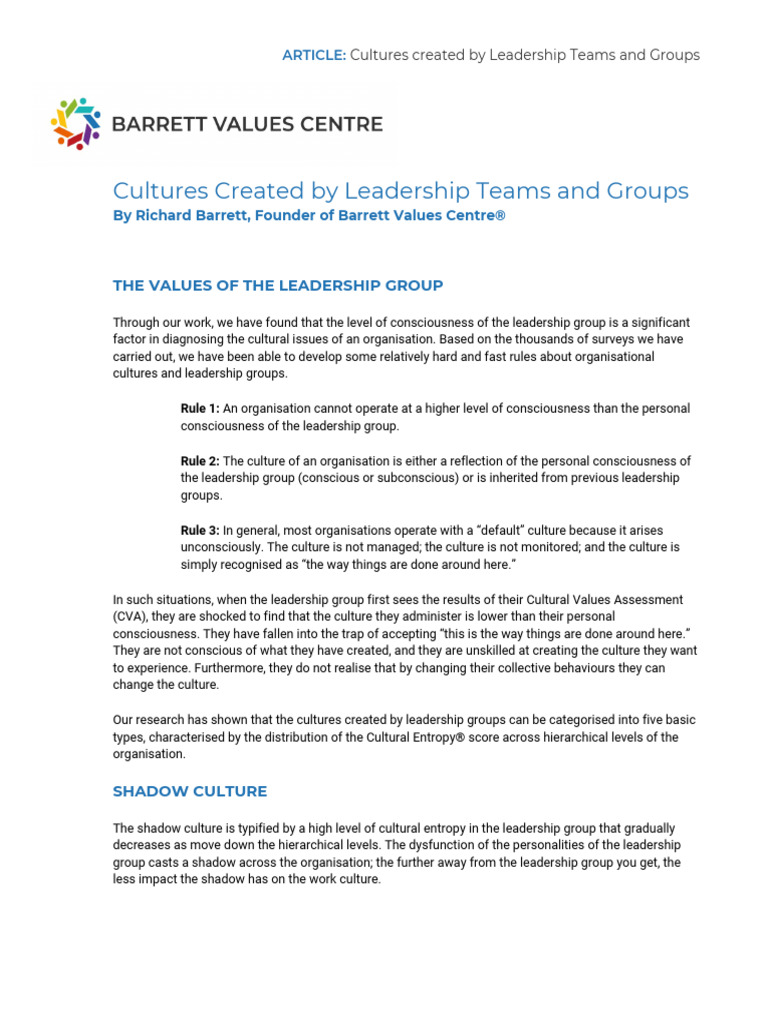 Article Cultures Created by Leaders | PDF | Leadership | Psychological ...