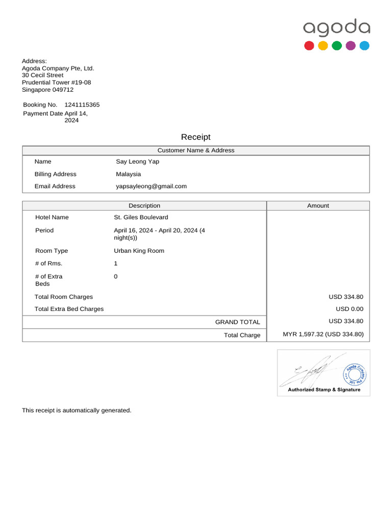 Agoda Hotel Booking Receipt 2024 | PDF