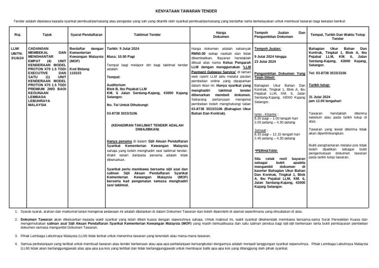 Kenyataan Tawaran Tender LLM-UB-TN 3-1-6-24 CADANGAN MEMBEKAL DAN MENGHANTAR KENDERAAN MODEL ...
