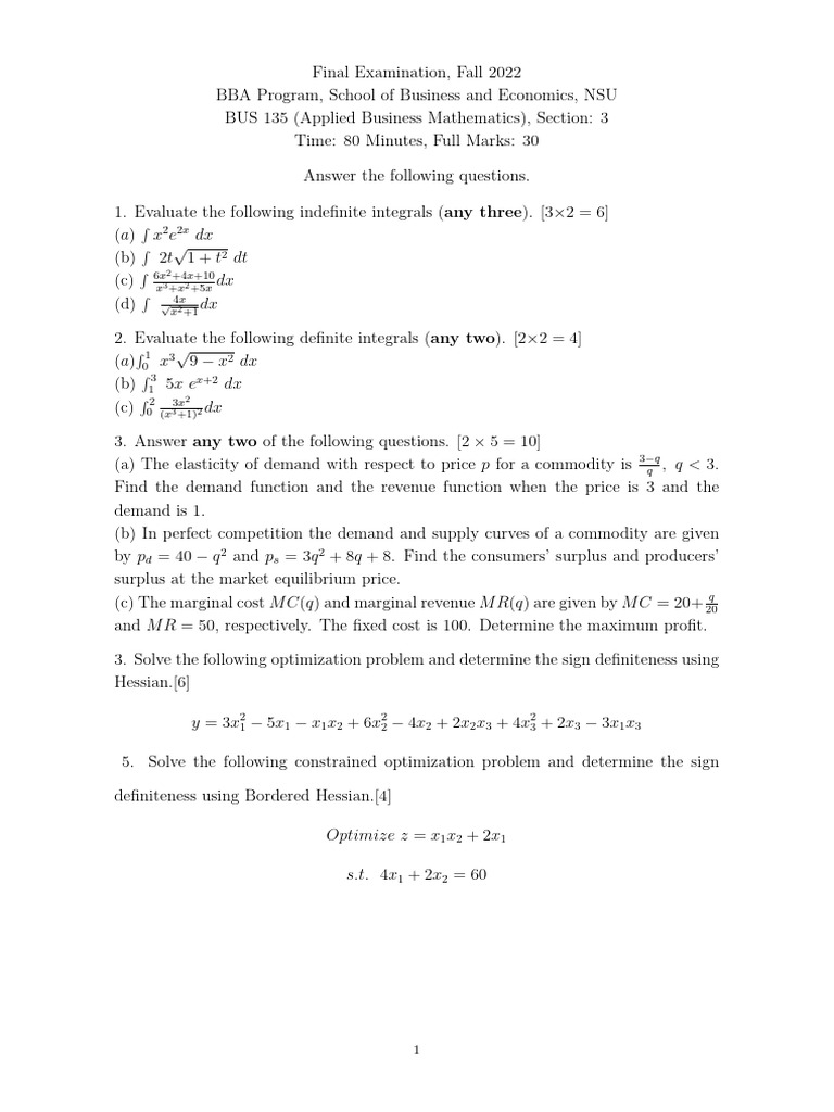 BBA Fall 2022 Business Math Exam | PDF