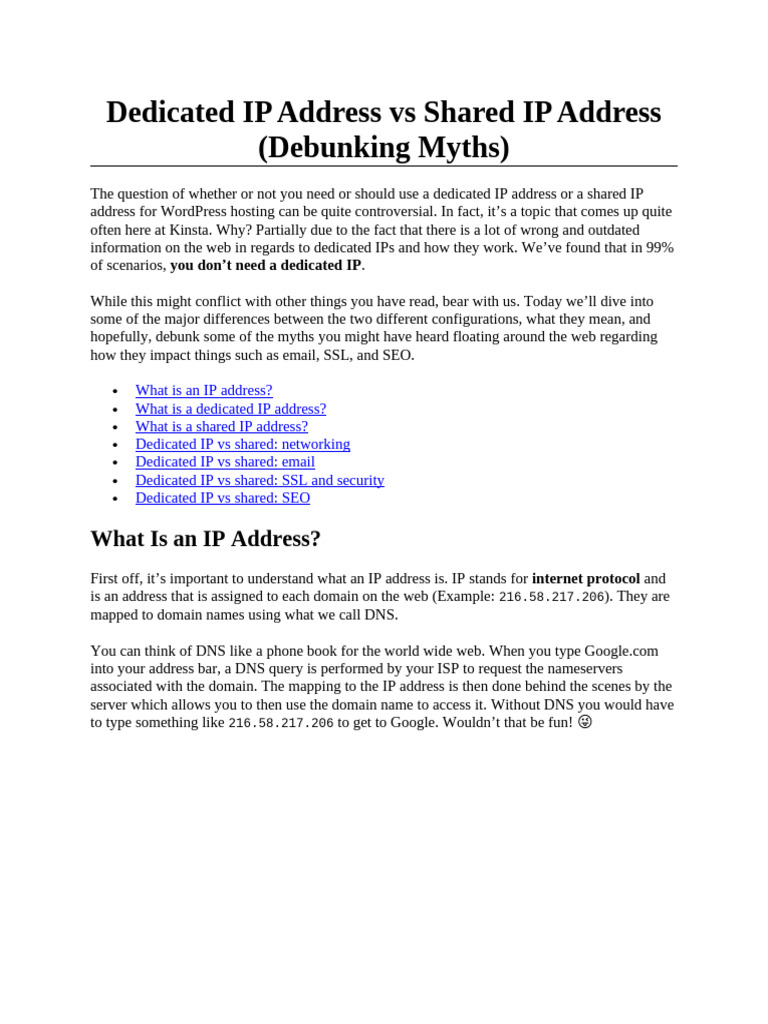 Dedicated IP Address vs Shared IP Address | PDF | I Pv6 | Ip Address