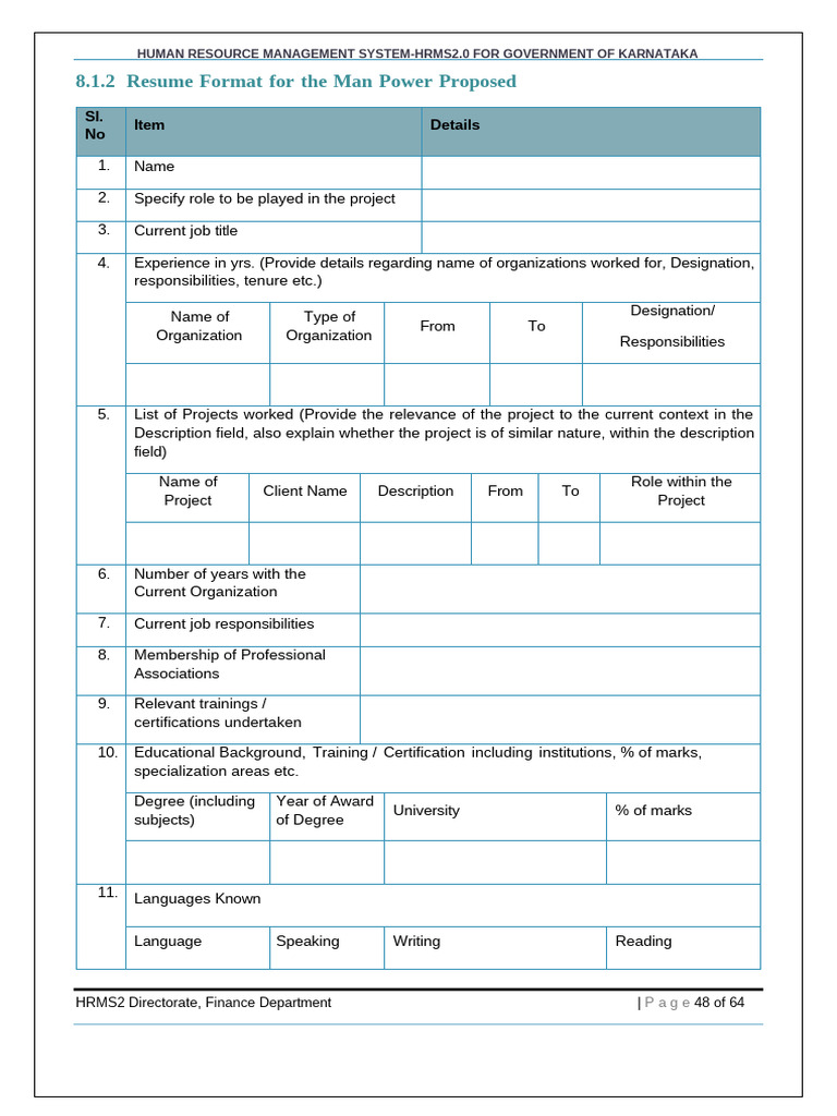 Karnataka HRMS Resume Format | PDF