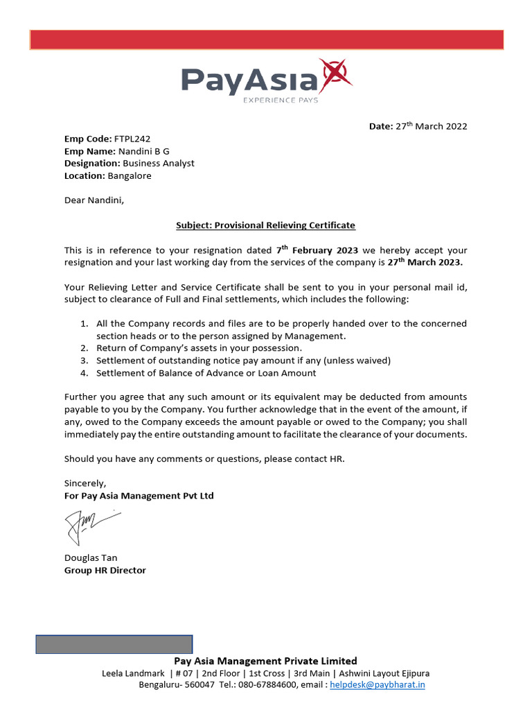 Provisional Relieving Certificate - Nandini B G | PDF