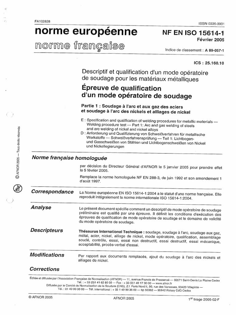 NF EN ISO 15614-1 - 02-05 - Epreuve de Qualification D'un Mode Opératoire de Soudage | PDF