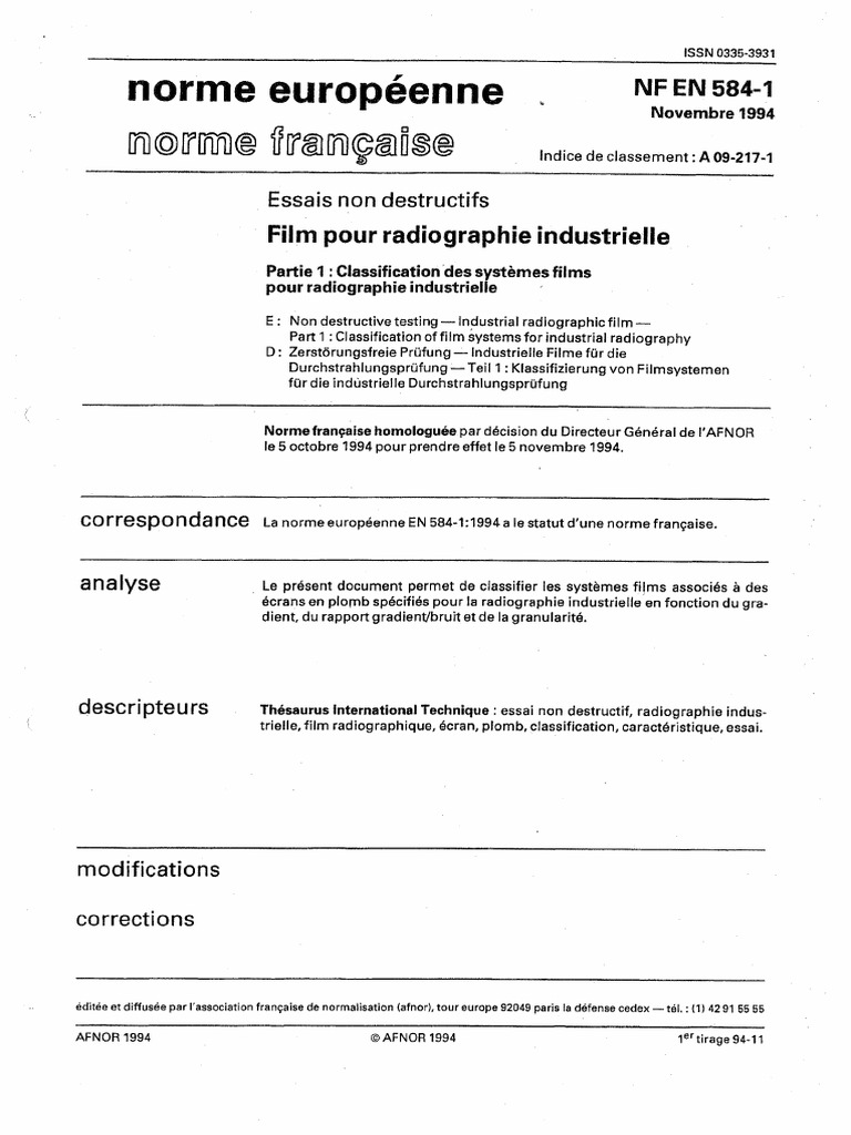 NF en 584-1!11!94 - Film Pour Radiographie Industrielle | PDF