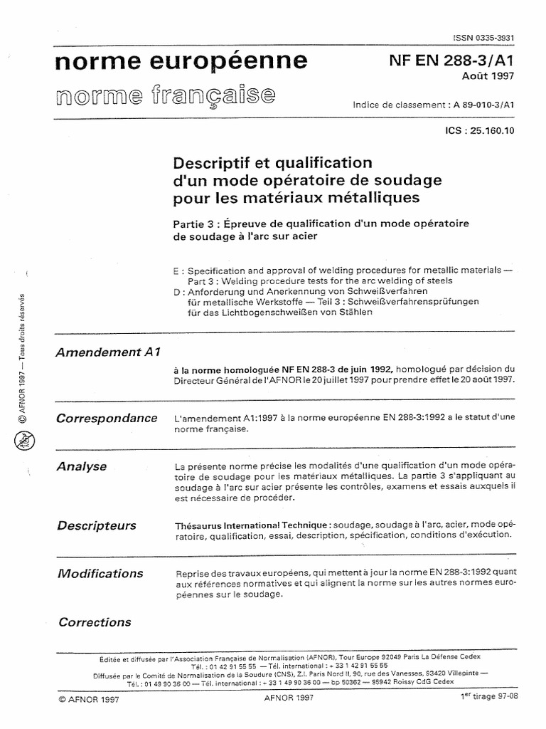 NF en 288-3-A1!08!97 - Descriptif Et Qualification D'un Mode Opératoire de Soudage PDF | PDF