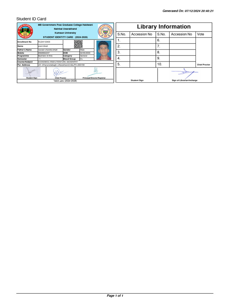 Student ID Card for 2024-2025 | PDF