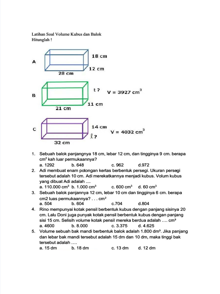 PDF Latihan Soal Volume Kubus Dan Balok - Compress | PDF