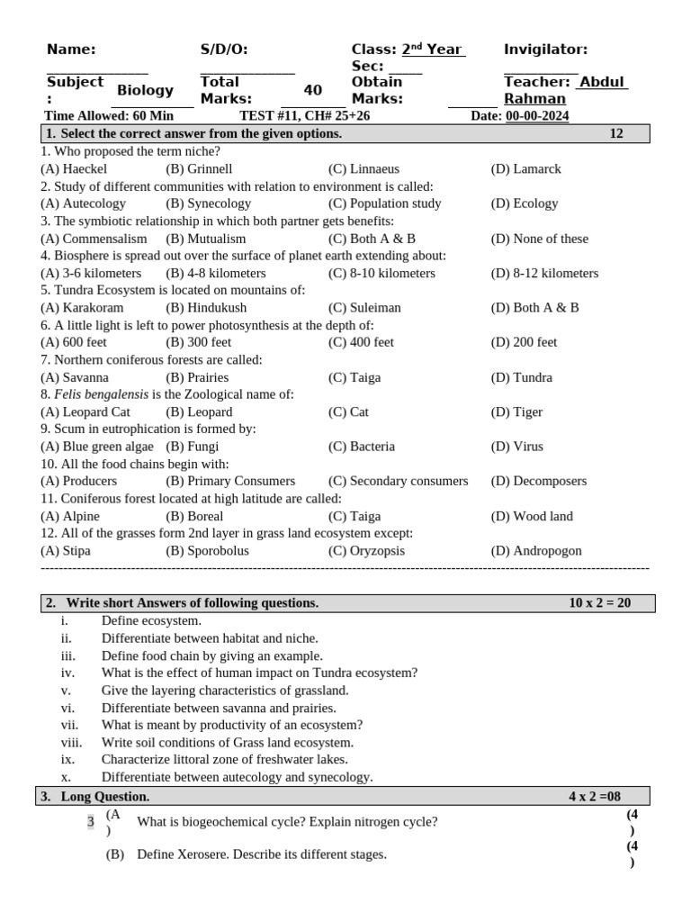 Biology Test: Ecosystems & Niche Concepts | PDF | Ecosystem | Ecology