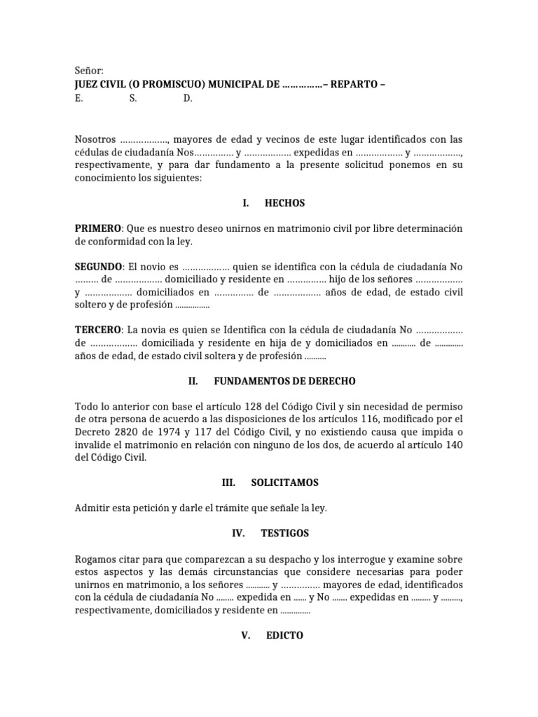 Modelo de Solicitud de Matrimonio Civil Ante Juez | PDF | Documento de identidad | Matrimonio