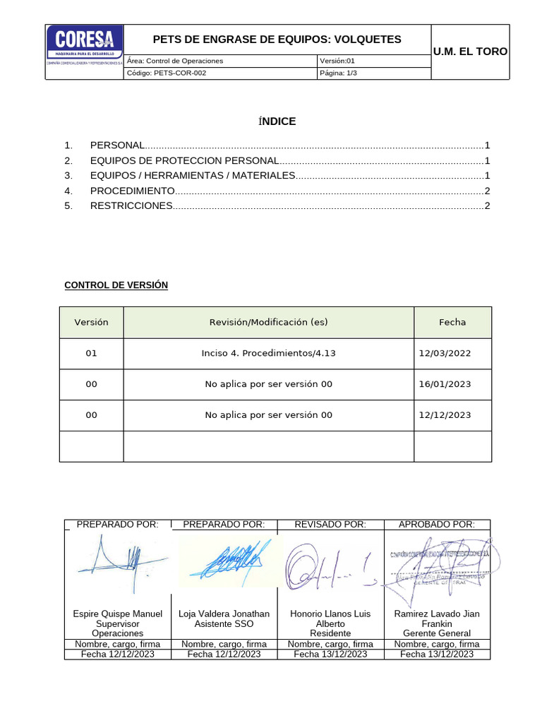Pets-Cor-003 - Engrase de Equipos | PDF | Equipo de protección personal