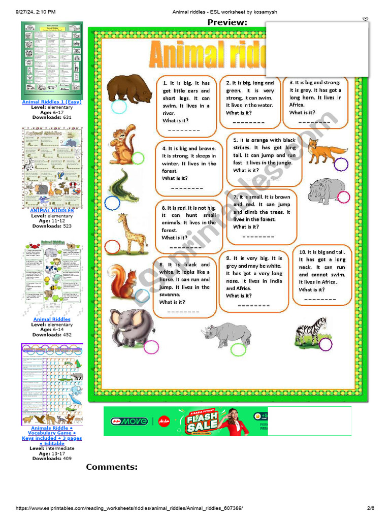 Animal riddles - ESL worksheet by kosamysh | PDF