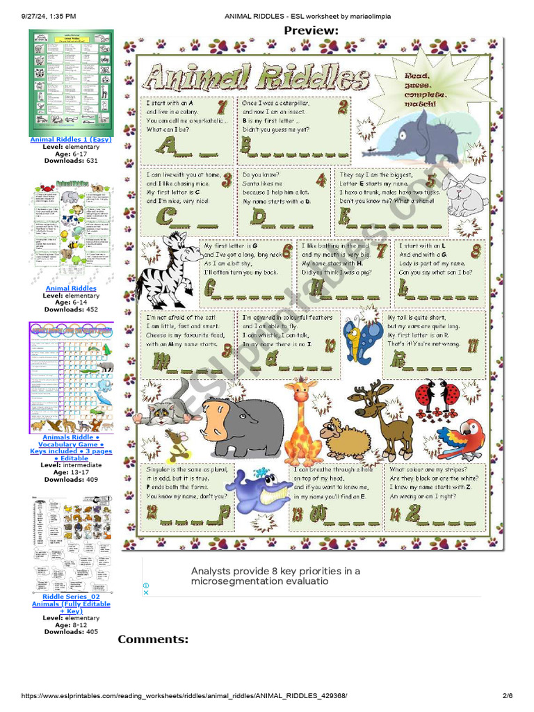 ANIMAL RIDDLES - ESL worksheet by mariaolimpia | PDF