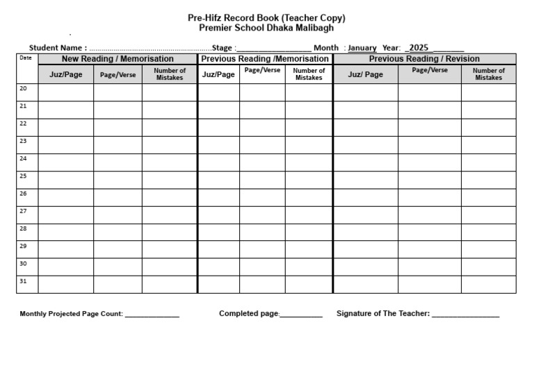 Monthly Lesson Record Sheet-final-Hifz_Teacher copy. | PDF