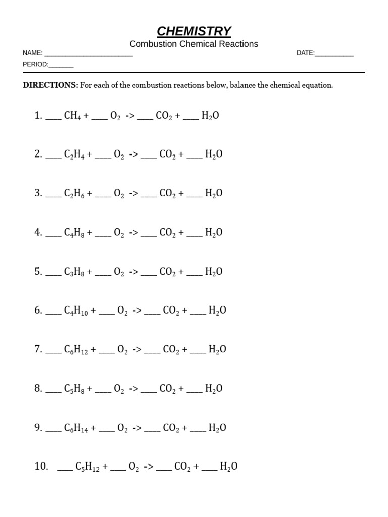 Balancing Combustion Reactions Worksheet | PDF