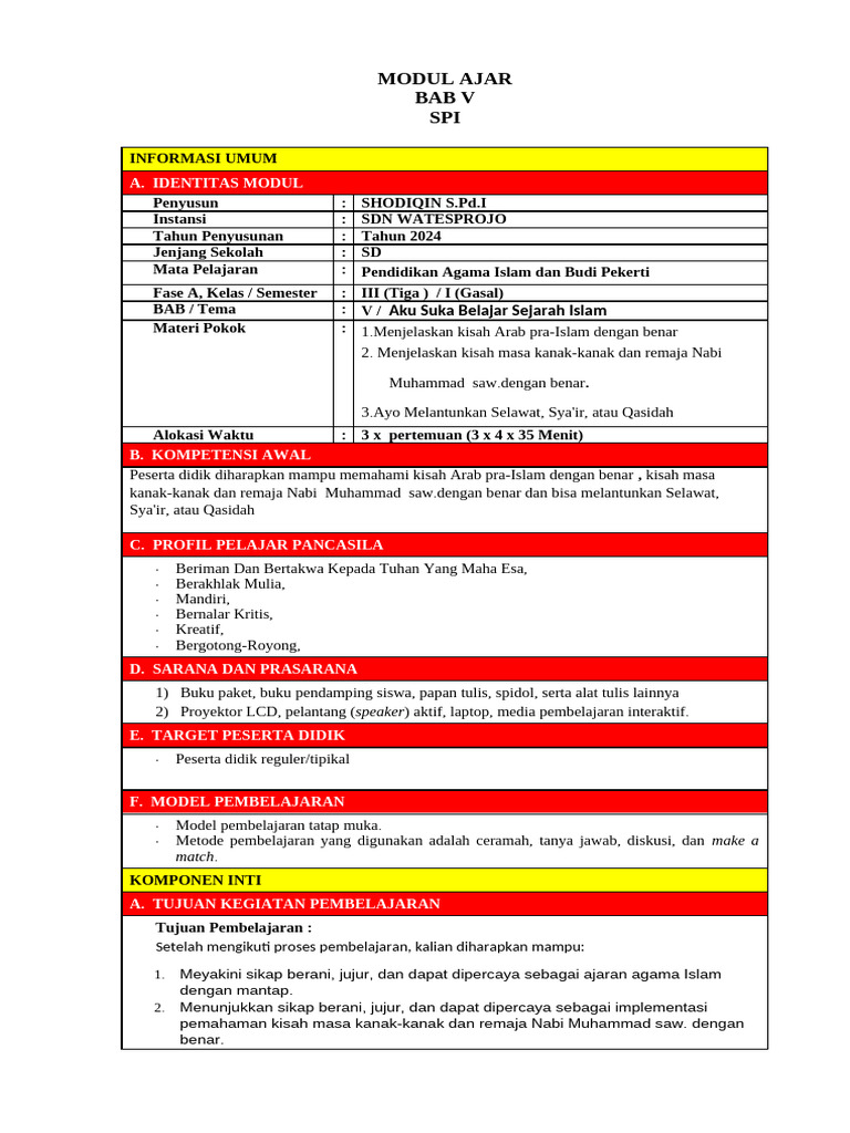 Modul Ajar Bab 5 Spi Kelas 3 | PDF