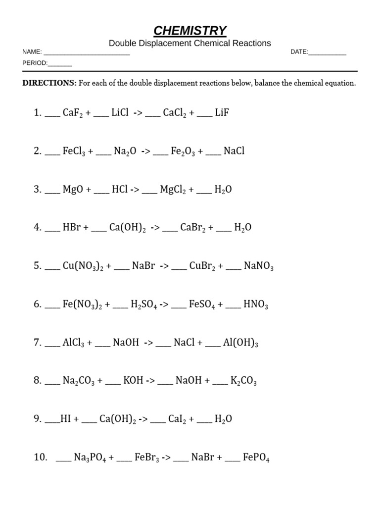 Double Displacement Reactions Worksheet | PDF