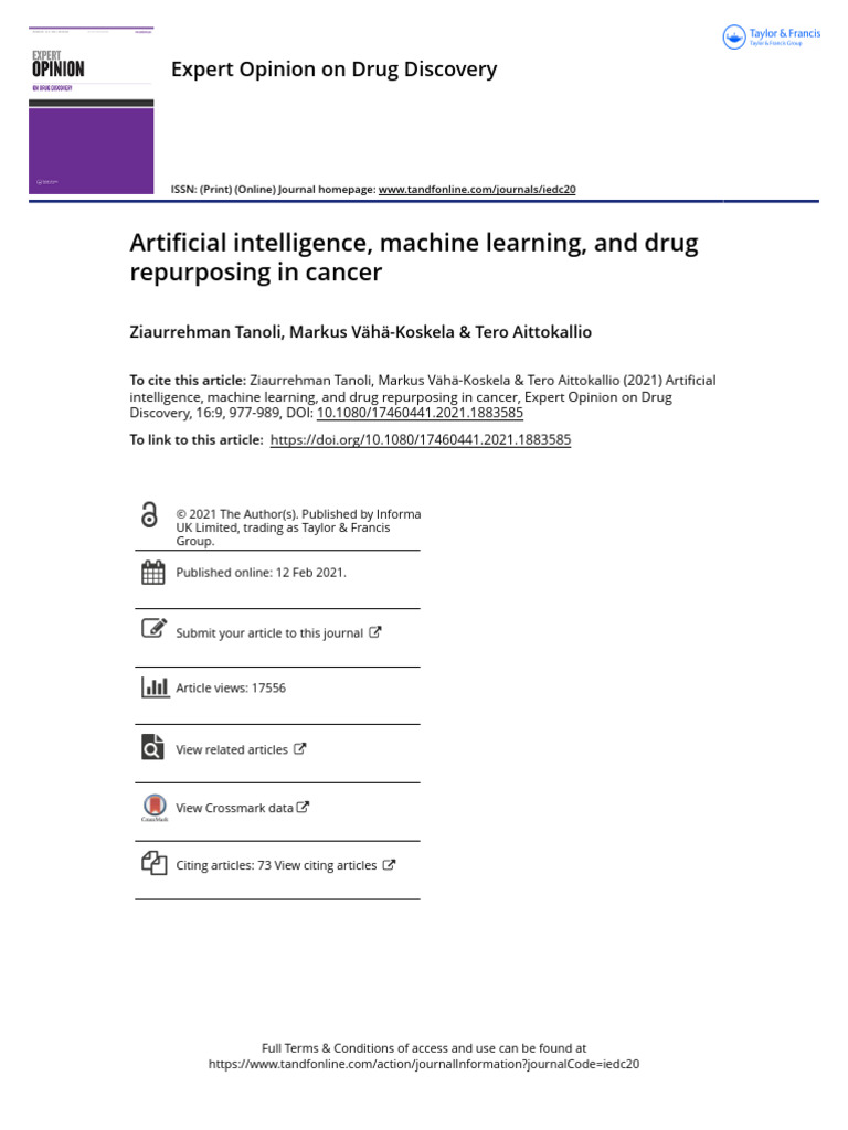 Artificial Intelligence Machine Learning and Drug Repurposing in Cancer ...