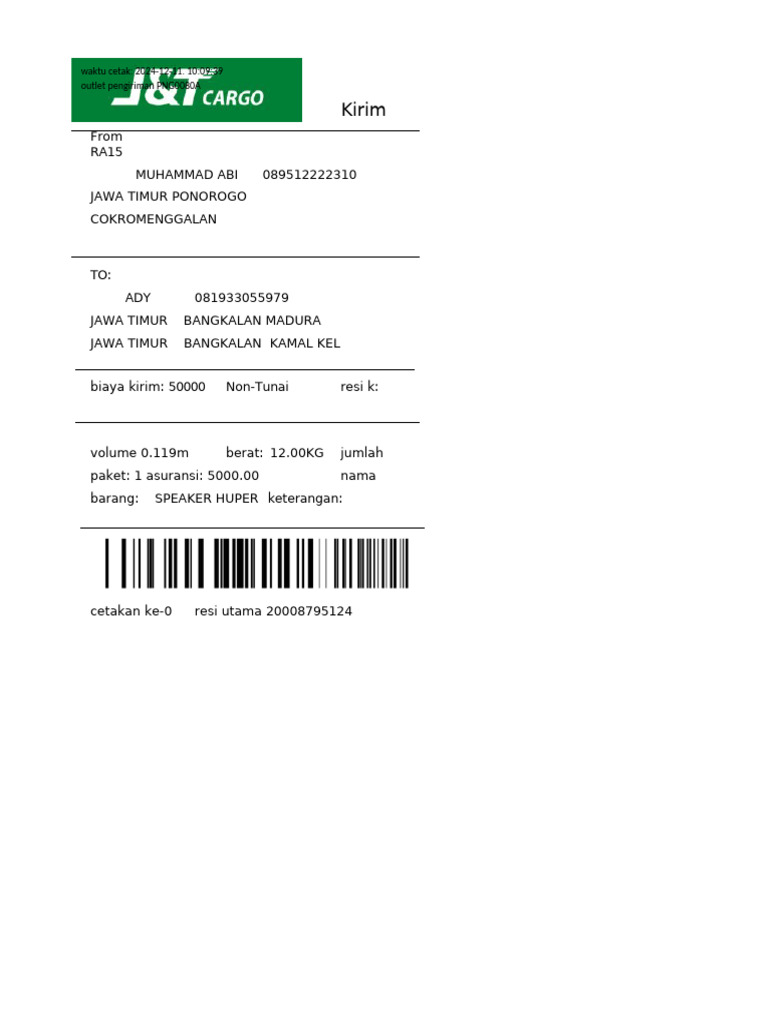 Contoh Resi JNT Cargo Asli | PDF