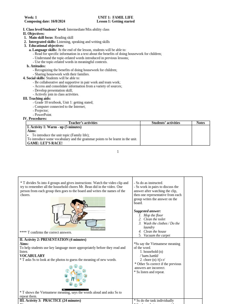 Family Life Lesson Plan for ESL Students | PDF | Vocabulary | Reading ...