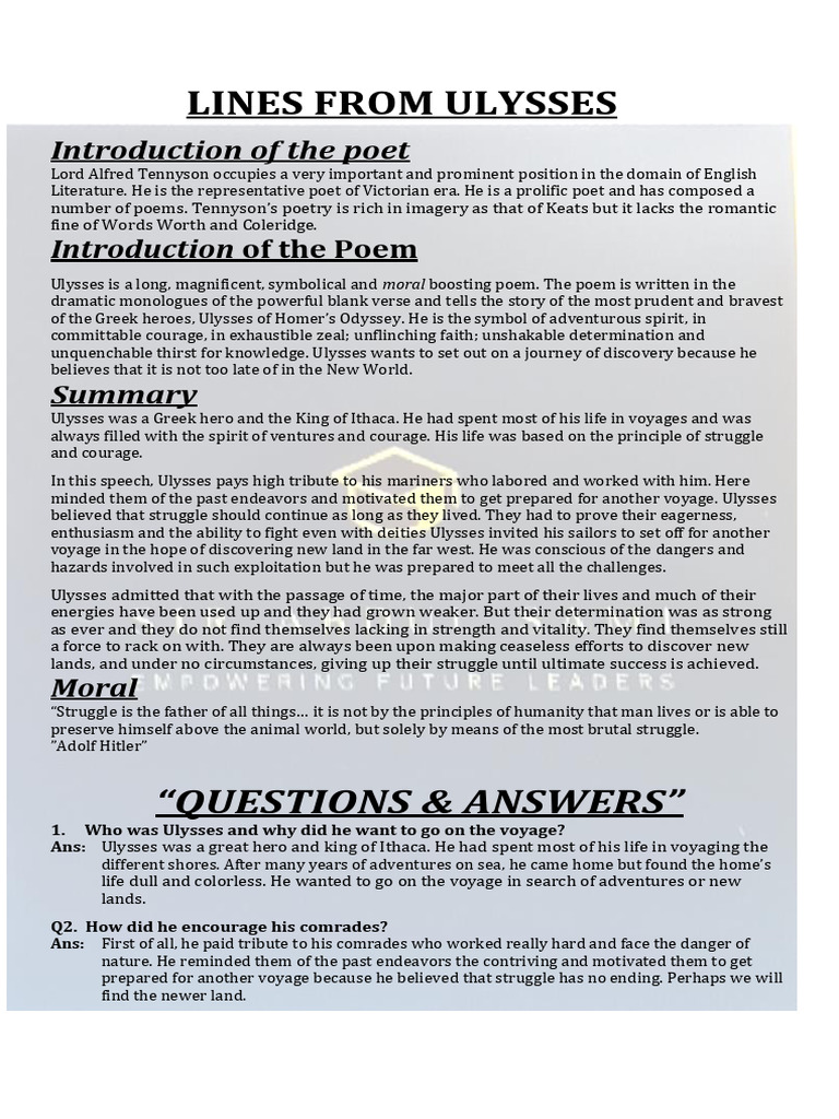 Ulysses Poem Summary and Analysis | PDF | Odysseus