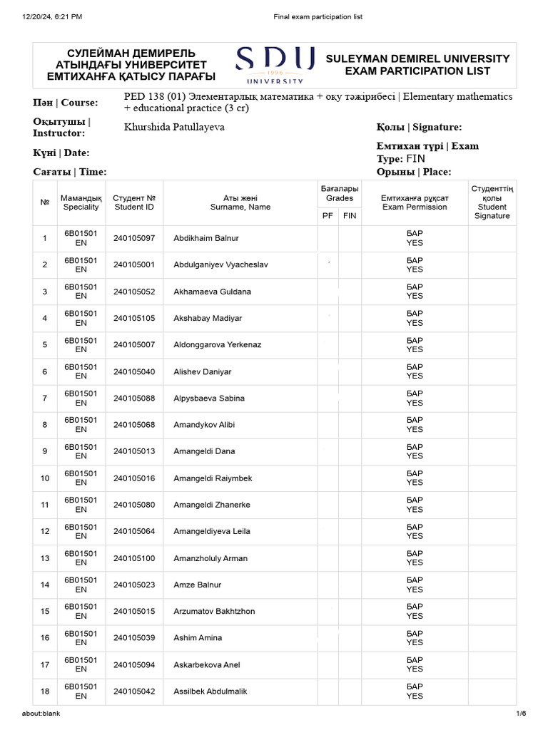 Final Exam Participation List + | PDF