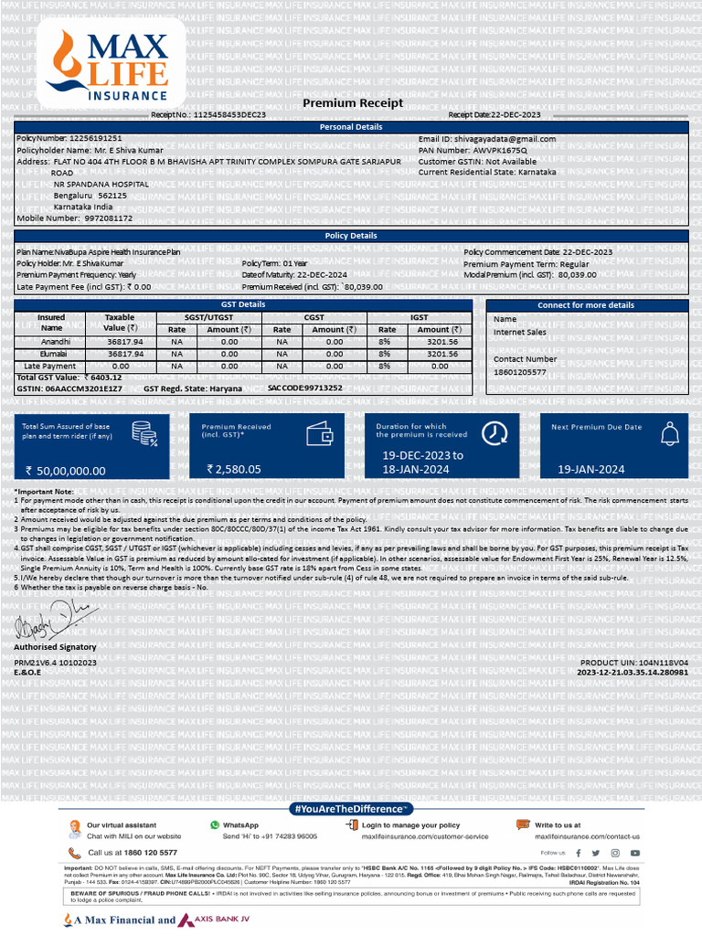NivaBupa Health Insurance Premium Receipt | PDF | Insurance | Value ...