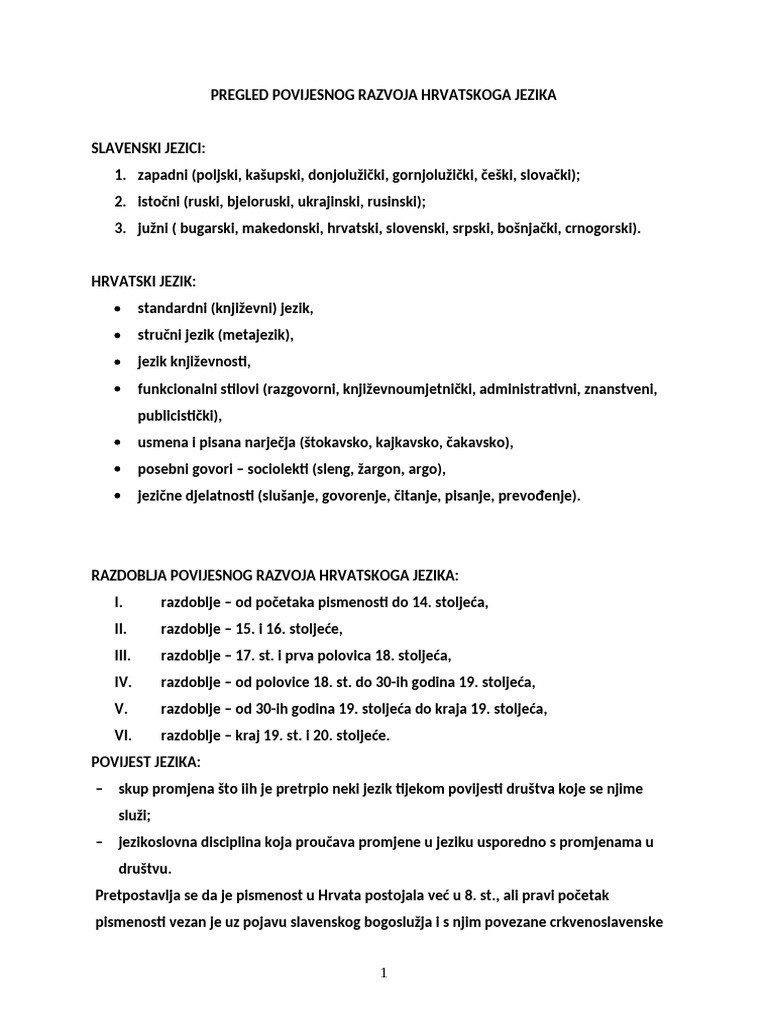 Pregled Povijesnog Razvoja Hrvatskoga Jezika | PDF