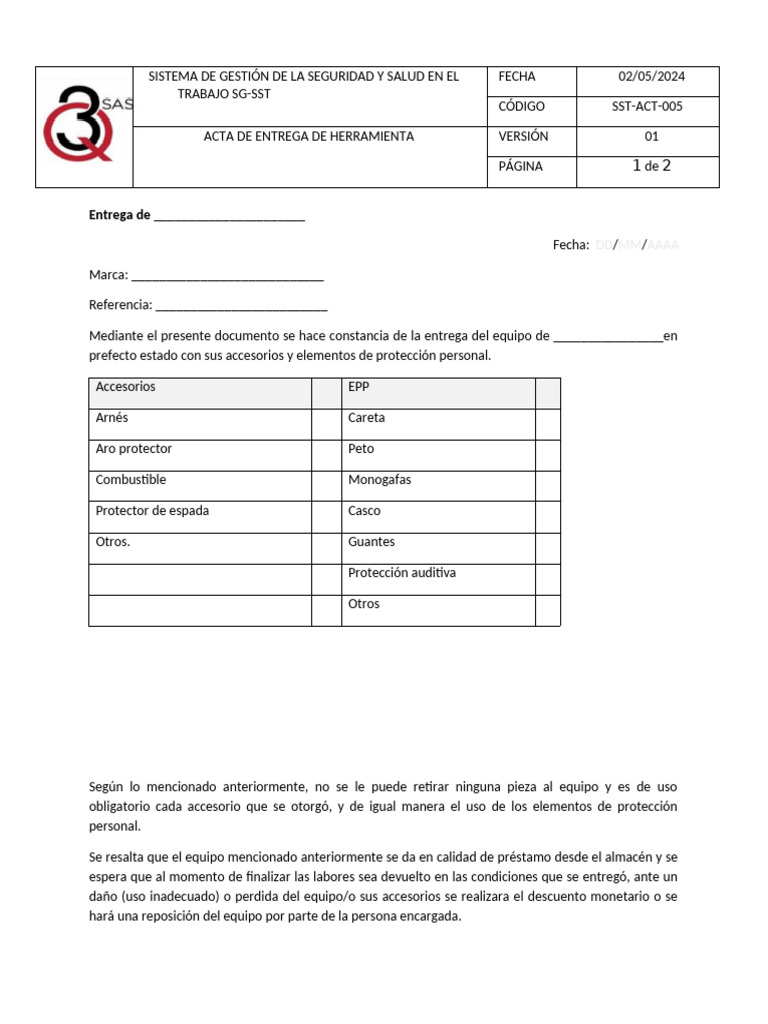 Sst-Act-005 de Entrega de Herramienta | PDF