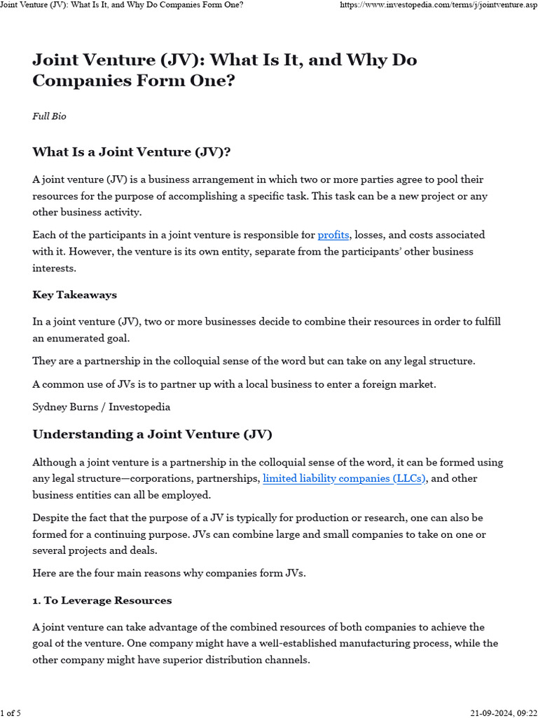 Understanding Joint Ventures (JV) | PDF | Joint Venture | Partnership