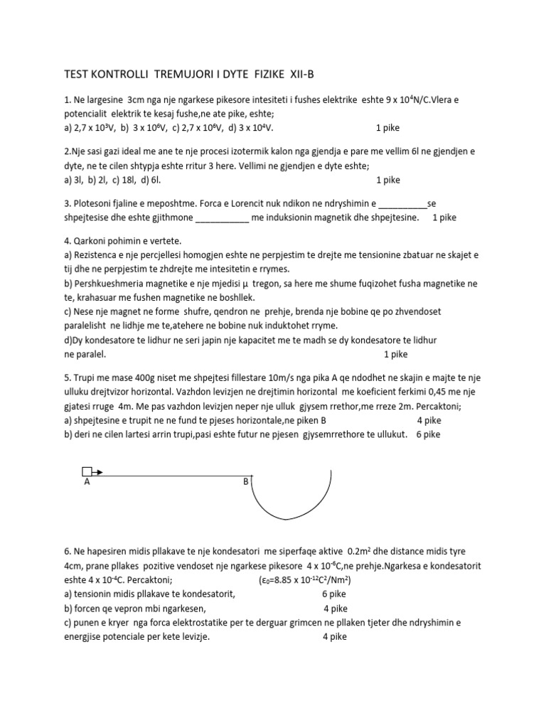 Test Kontrolli Tremujori I Dyte Fizike Xii-B | PDF