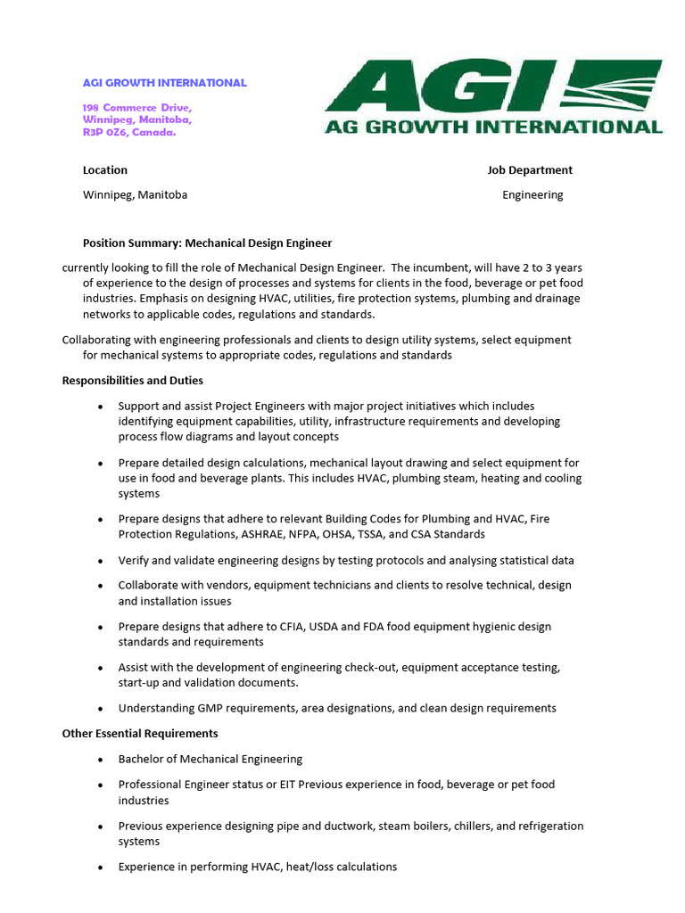 AGI GROWTH INTERNATIONAL-Mechanical Design Engineer | PDF | Home Appliance
