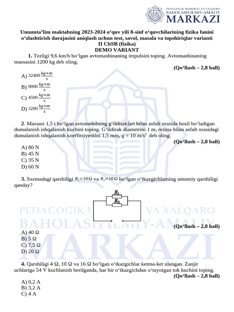 8-Sinf, Umumtalim, 2-ChSB (Fizika) DEMO | PDF