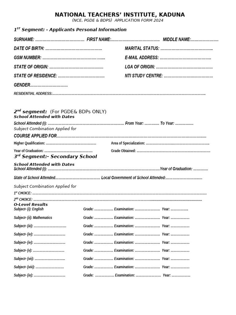 2025 Application Form For Nce & Pgde and BSC PTTP Ade | PDF