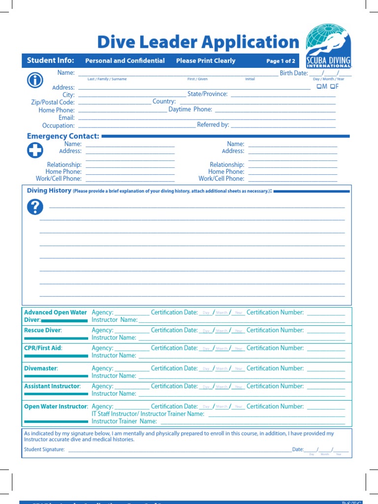 SDI Forms-13-Dive Leader Application | PDF | Underwater Diving | Wellness