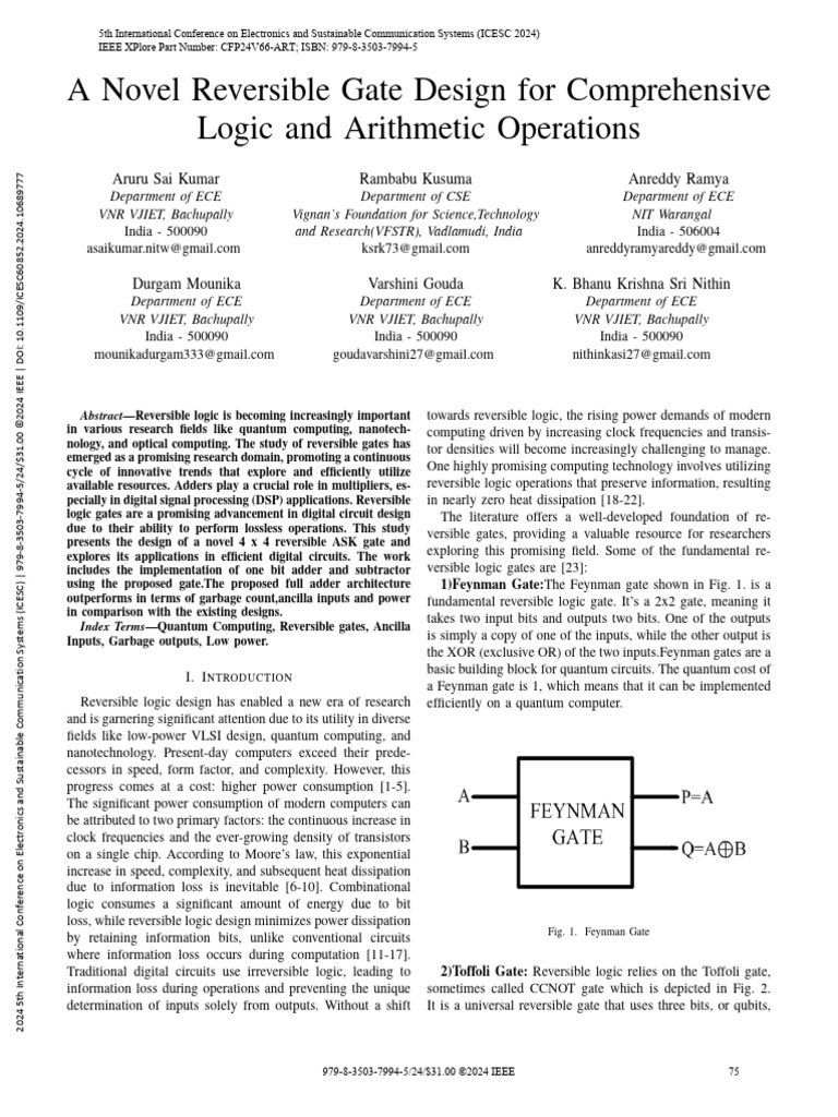 A Novel Reversible Gate Design For Comprehensive Logic and Arithmetic Operations | PDF | Logic ...