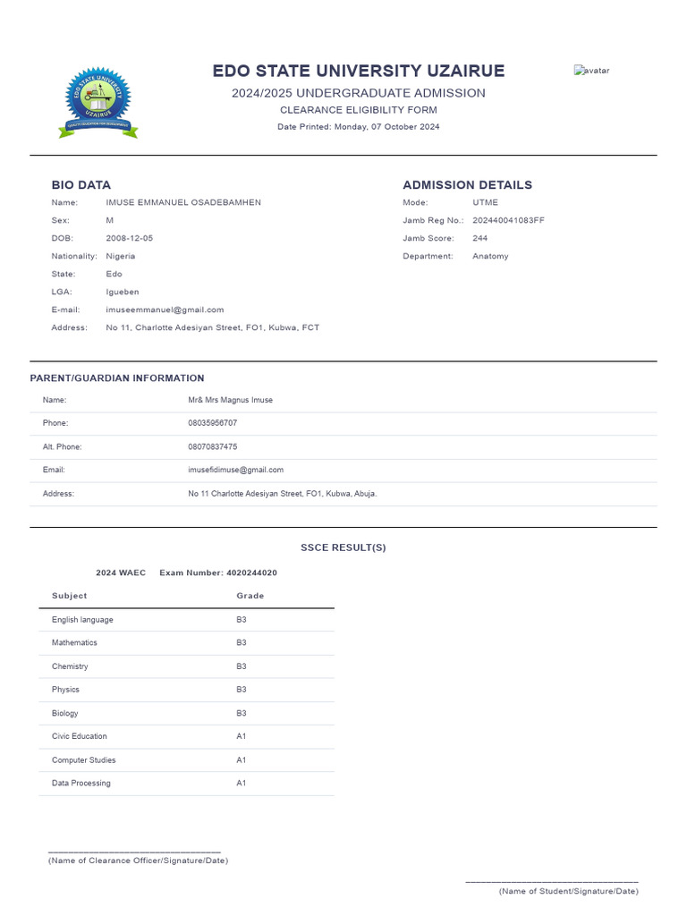 Clearance Eligibility Form - Edo State University Uzairue | PDF