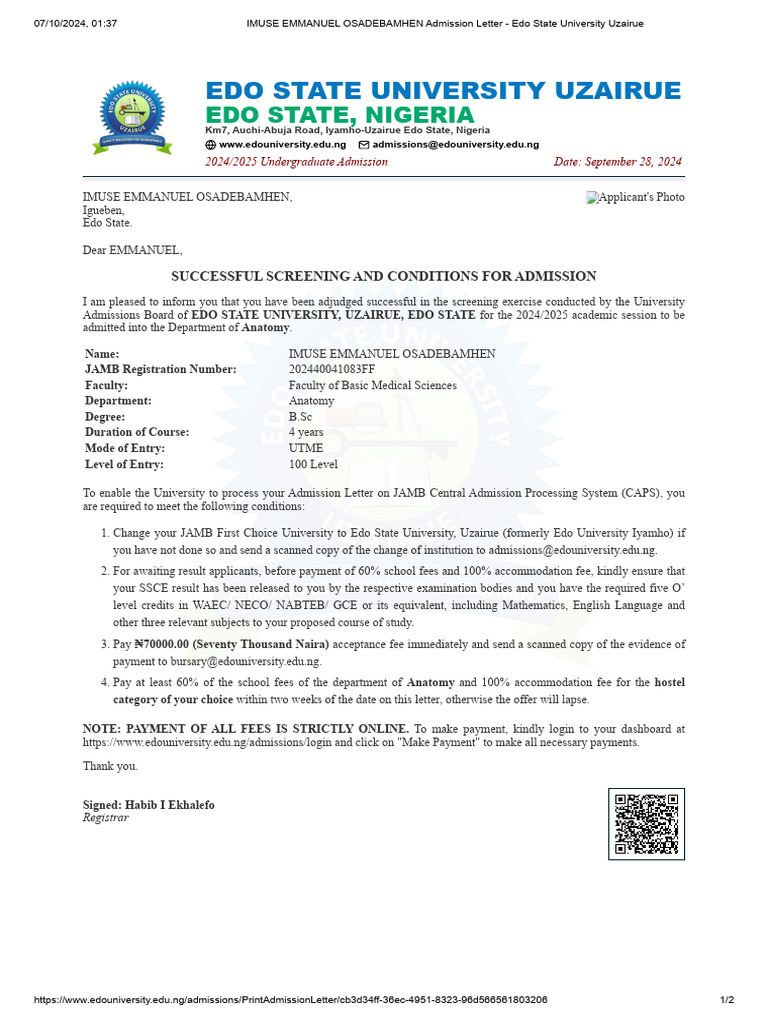 IMUSE EMMANUEL OSADEBAMHEN Admission Letter - Edo State University ...