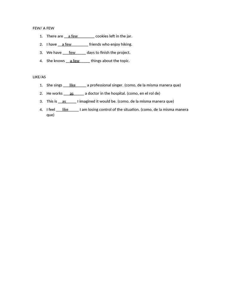 Grammar: Few vs. A Few, Like vs. As | PDF